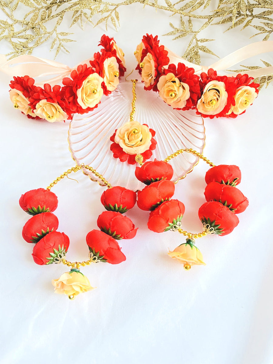 Flower Jewellery Set | Floral Mehndi Haldi Tikka Earring Set - Zayridh ...